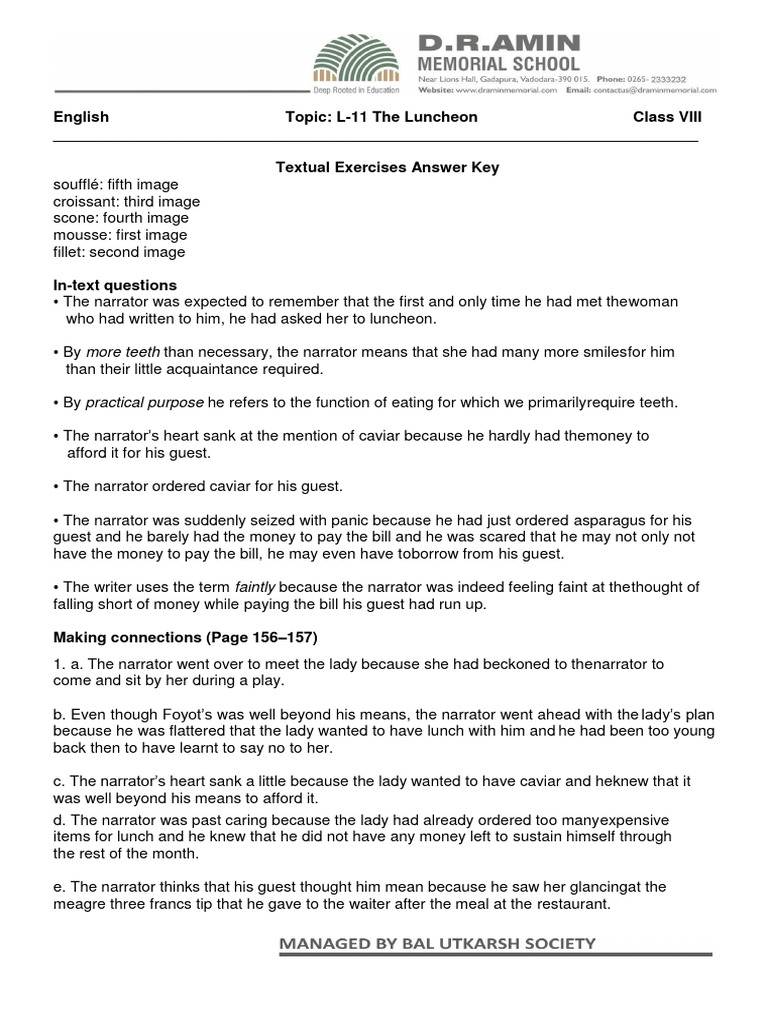English Topic: L-11 The Luncheon Class Viii - Textual Exercises Answer ...