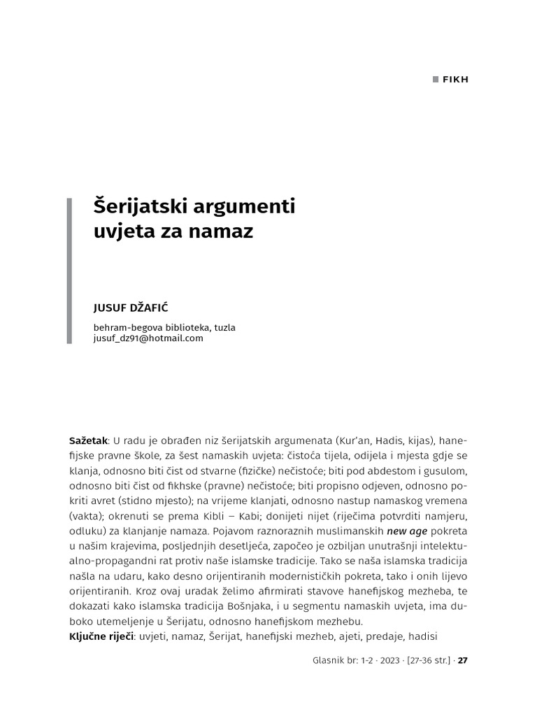 Jusuf Džafić - Šerijatski Argumenti Uvjeta Za Namaz | PDF