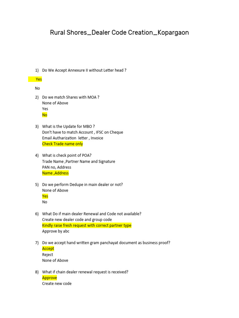 Ral Shores - Dealer Code Creation - Kopargaon | PDF