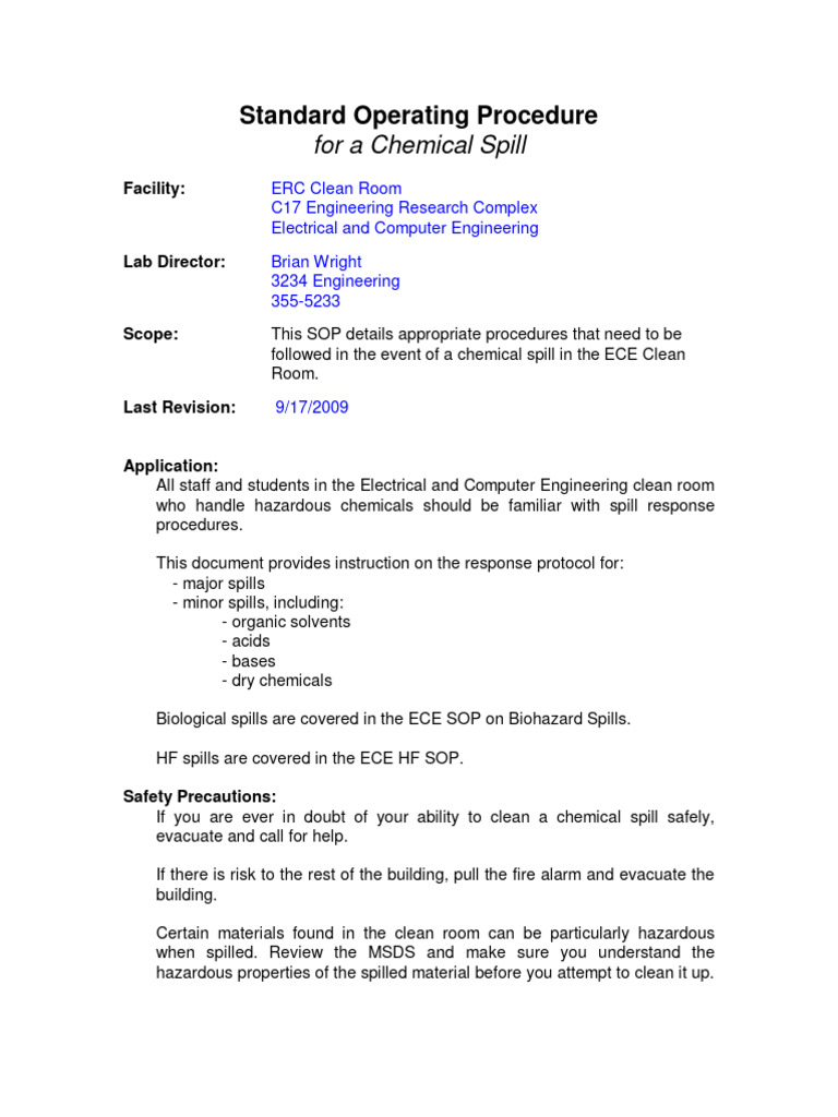 ERC Clean Room Standard Operating Procedure Chemical Spill | PDF ...