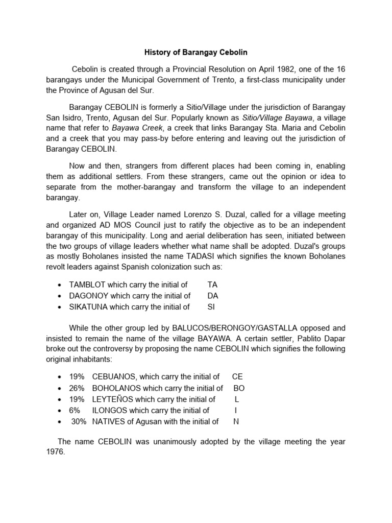 Barangay Cebolin: History and Development | PDF | Agriculture