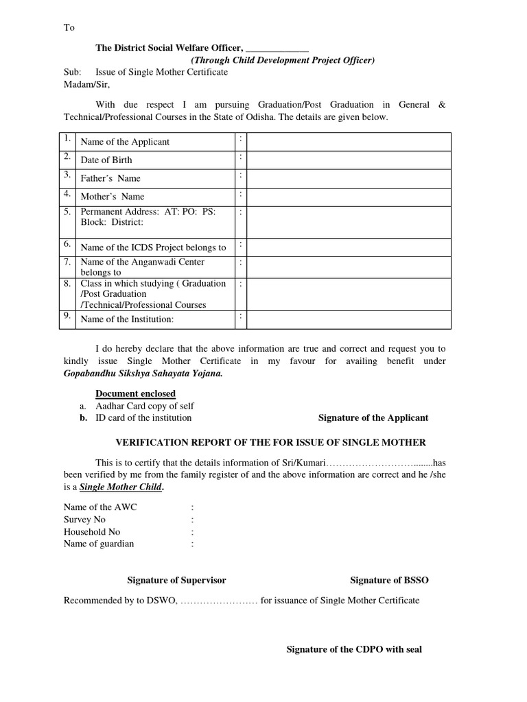Format For Single Mother Certificate | PDF