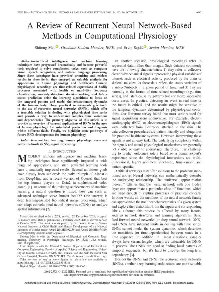 A Review of Recurrent Neural Network-Based Methods in Computational Physiology | PDF ...
