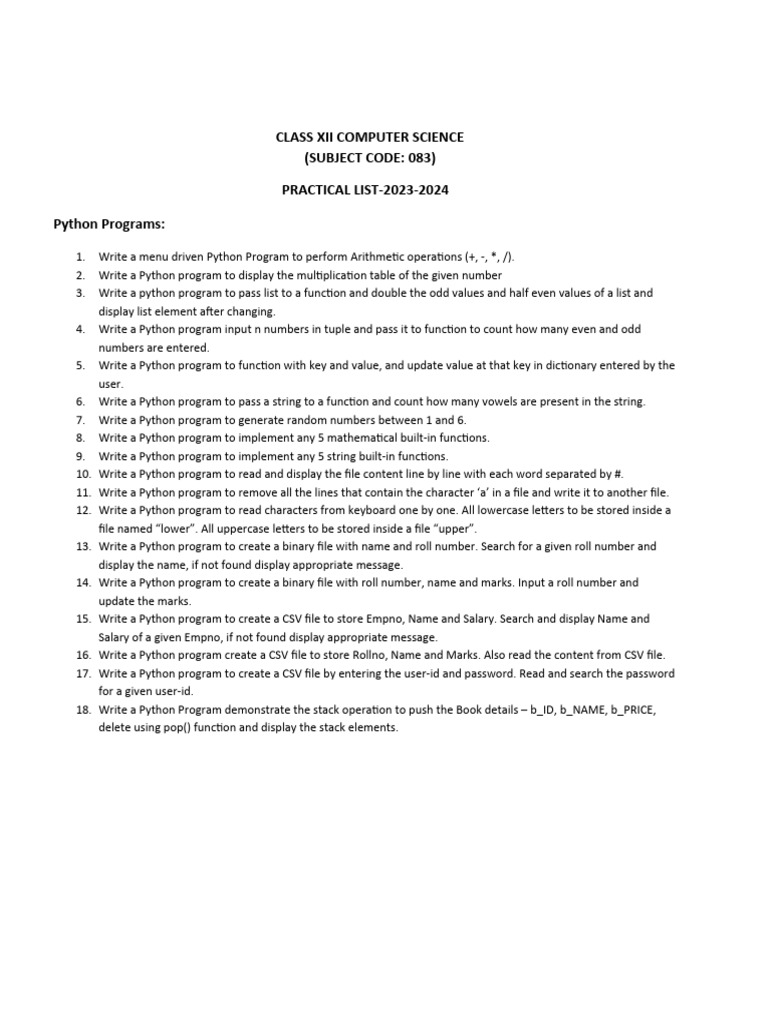 SSCE CS PracticalsList 2024 2025 | PDF | Computer File | String (Computer Science)