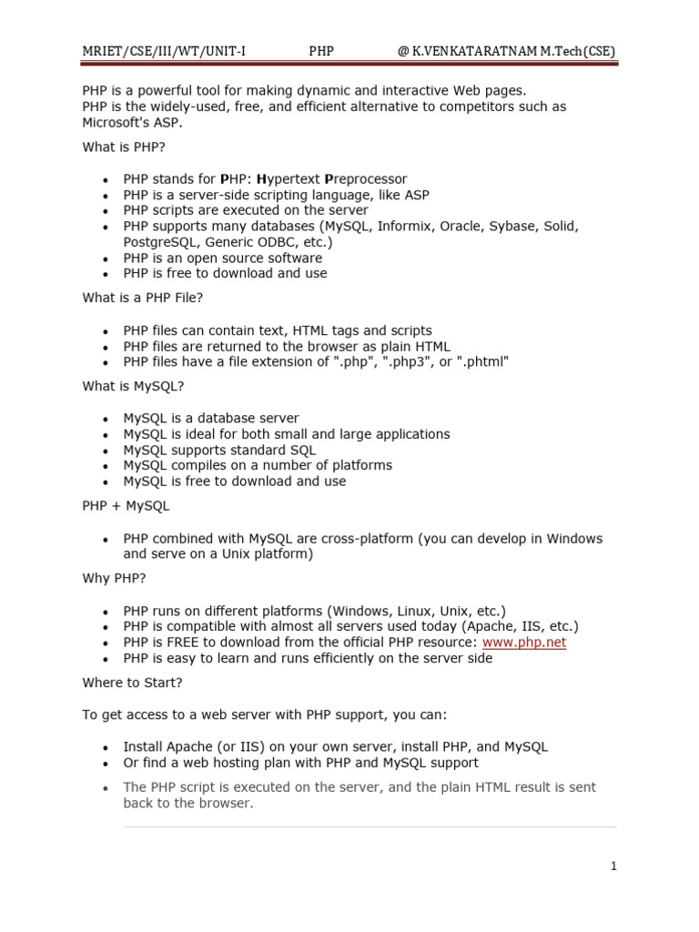 Wt Unit 1php Pdf Php Variable Computer Science 