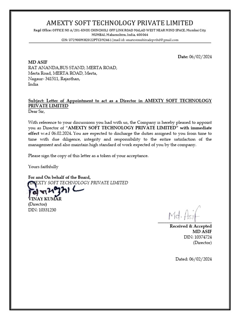 Letter of Appointment MD Asif PDF | PDF