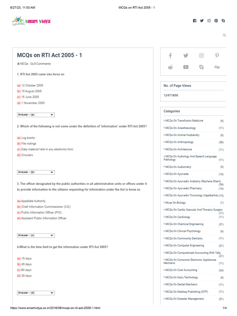 MCQs On RTI Act 2005 - 1 | PDF | Ayurveda | Medicine