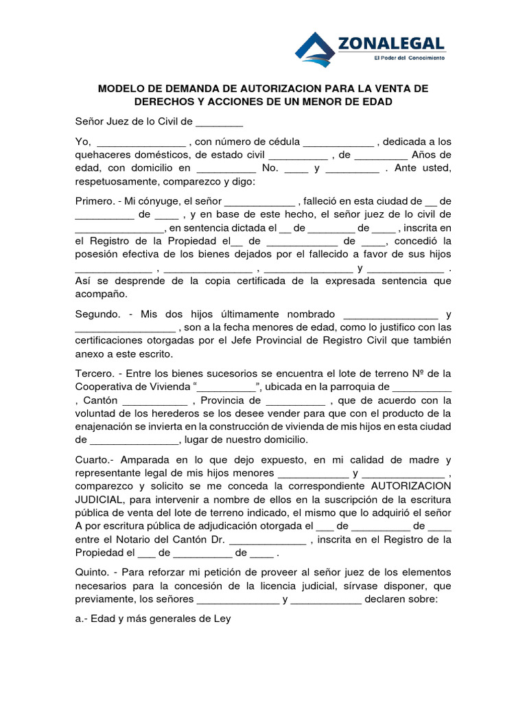 Demanda de Autorizacion para La Venta de Derechos y Acciones de Un Menor de Edad | PDF ...
