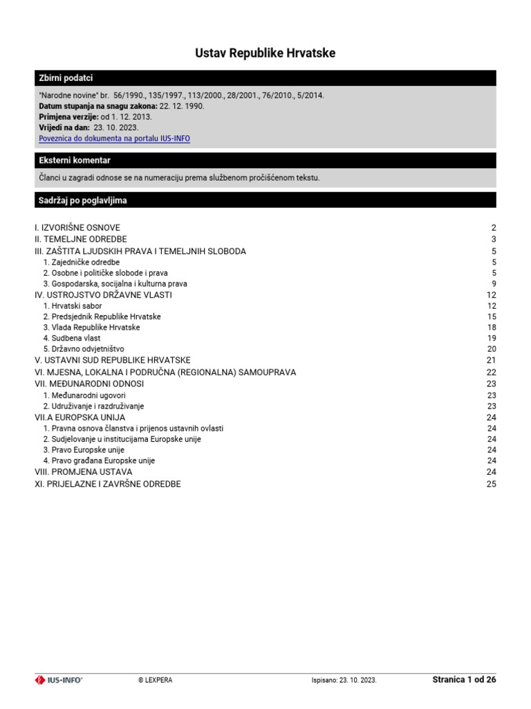 Ustav-Republike-Hrvatske (v6) | PDF