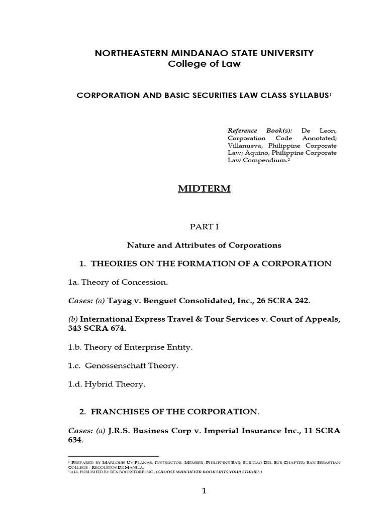 Corporation and Basic Securities Law Syllabus Midterm | PDF ...