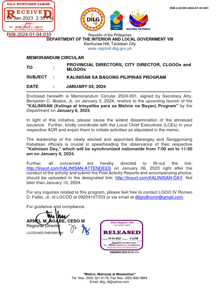 R08-2024-01-04-010 MC#2024-001 Re Kalinisan Sa Bagong Pilipinas Program ...
