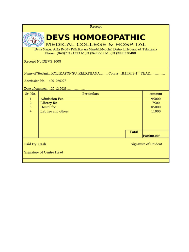 Student Hostel Fee Receipt Format | PDF