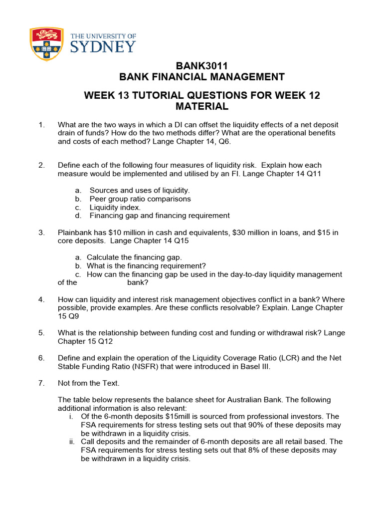 BANK3011 Week 13 Tutorial Questions | PDF | Market Liquidity | Banks
