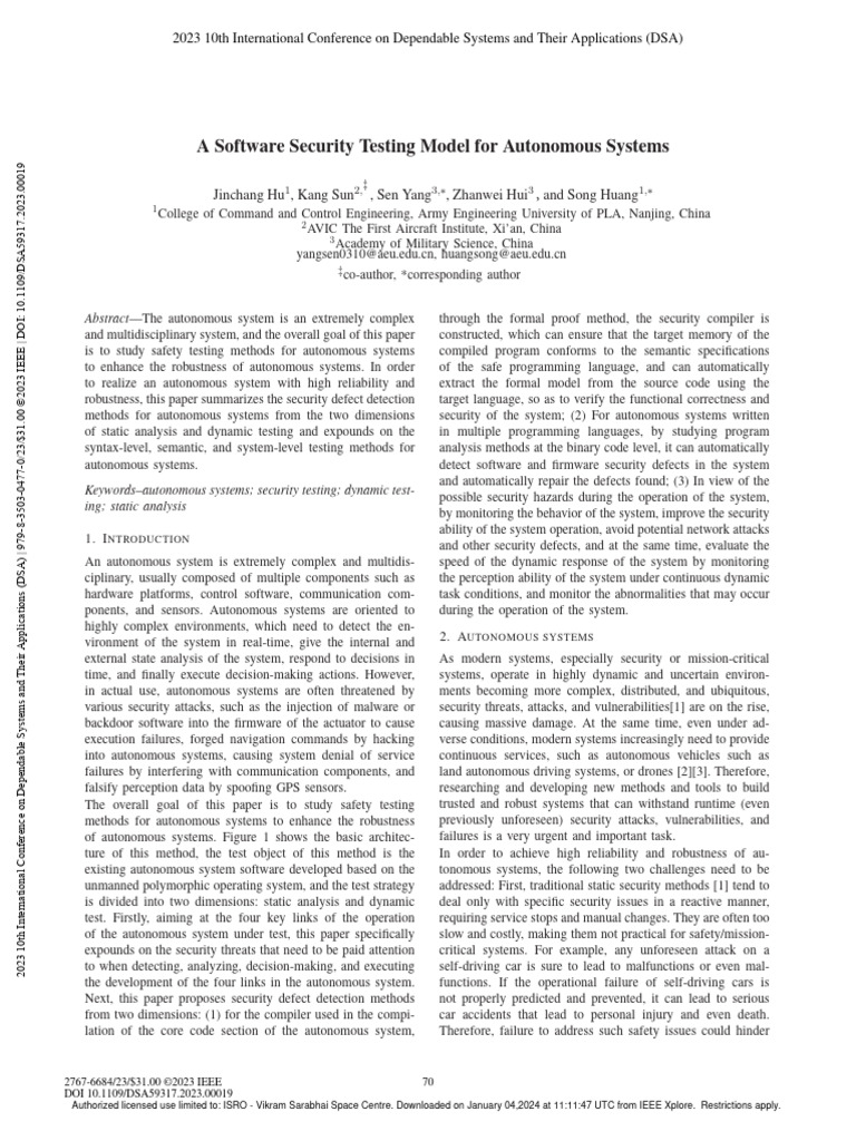 A Software Security Testing Model For Autonomous Systems Pdf Computer Programming 