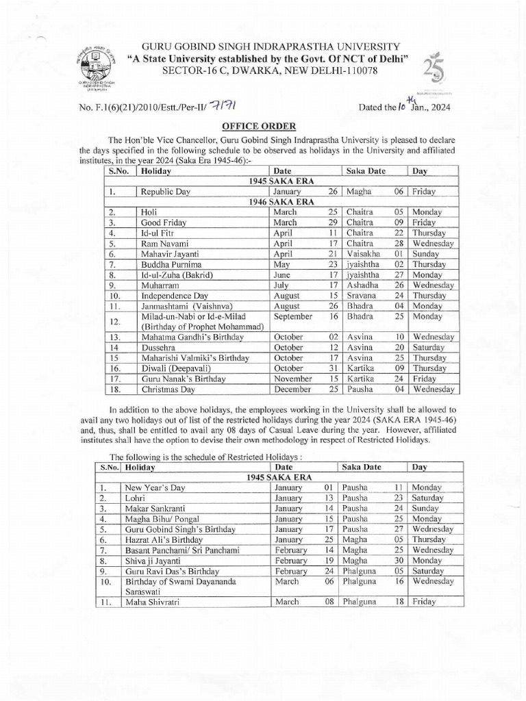 Ipu Holiday List | PDF