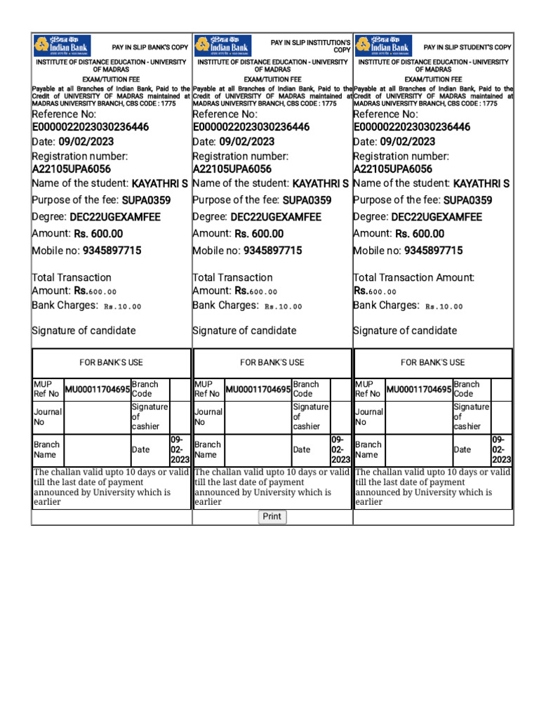 Indian Bank - Print Challan | PDF | Fee | Banks
