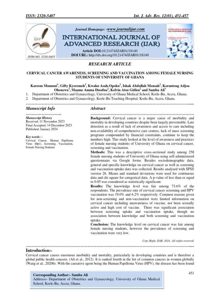 Cervical Cancer Awareness in Nursing Students | PDF | Cervical Cancer ...
