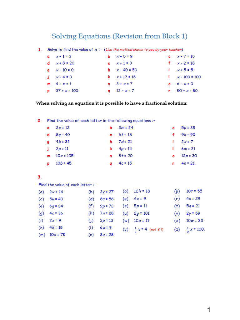 Solving Equations Practice Guide | PDF | Equations | Mathematical Concepts