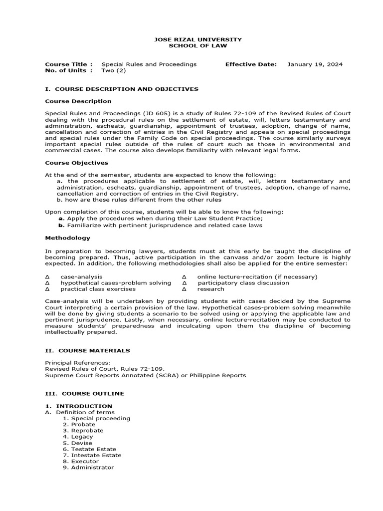 Syllabus Spec Pro Students | PDF | Jurisdiction | Probate