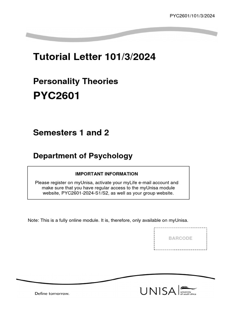 Tutorial Letter 101/3/2024: Personality Theories | PDF | Libraries | Theory