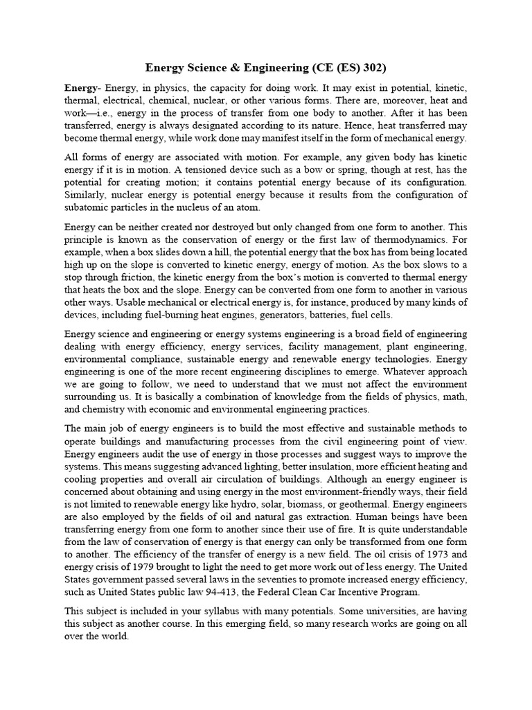 Energy Science & Engineering - Introduction | PDF | Heat | Kinetic Energy Energy Science & Engineering - Introduction | PDF | Heat | Kinetic Energy