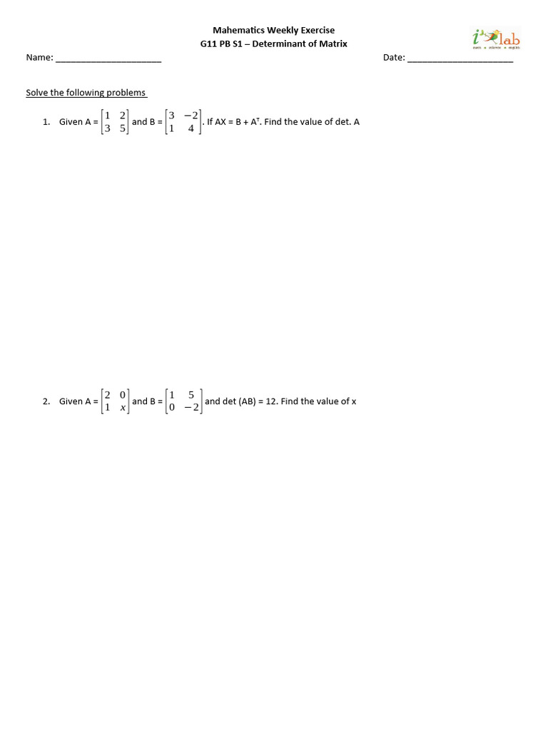 G11 PB S1 Math WE Matrix Determinant | PDF