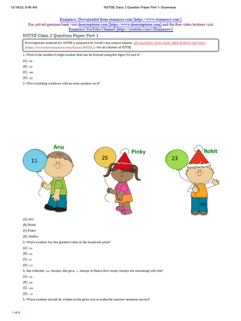 NSTSE Class 2 Question Paper 2018 Part 1 | PDF | Faq | Foods