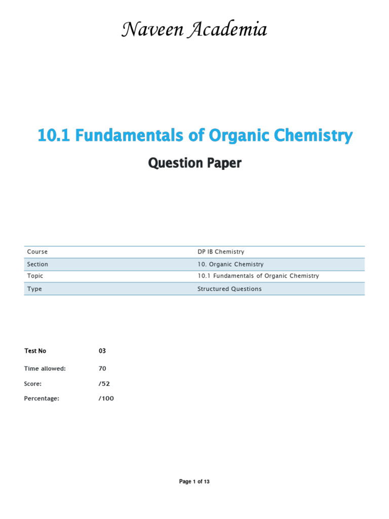 Test No - 3 - 10.1 - M - Fundamentals of Organic Chemistry - Structure ...