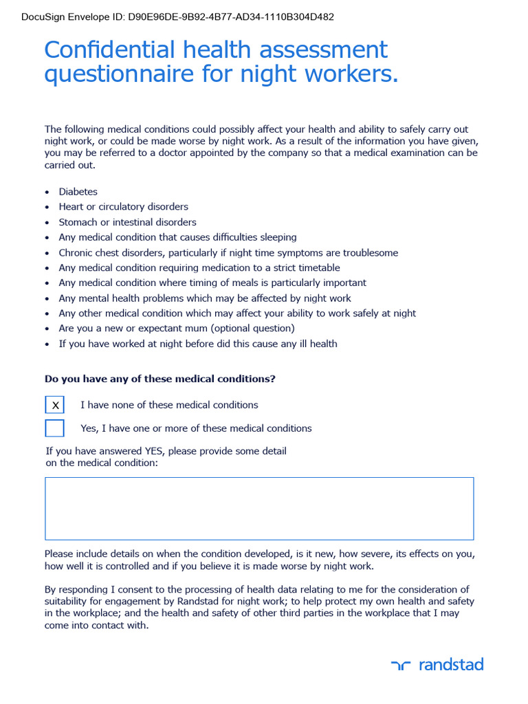 Night Work Health Assessment Form | PDF