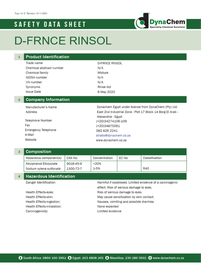 D-Fence Rinse - Sds | PDF | Chemistry | Labor Relations