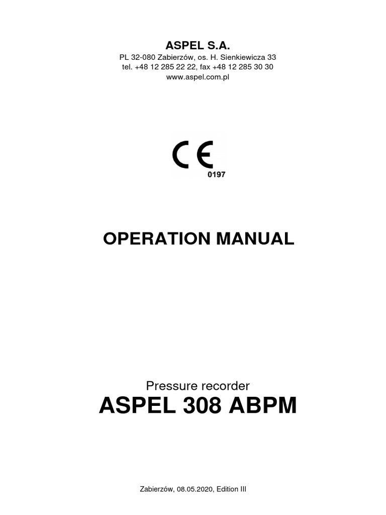ASPEL 308 ABPM Pressure Recorder Manual | PDF | Hypertension | Computer ...