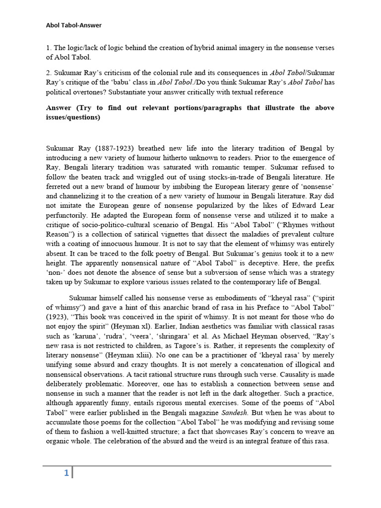 Sukumar Ray.non-sense.abol.tabol.Answer..Mitra.imp | PDF