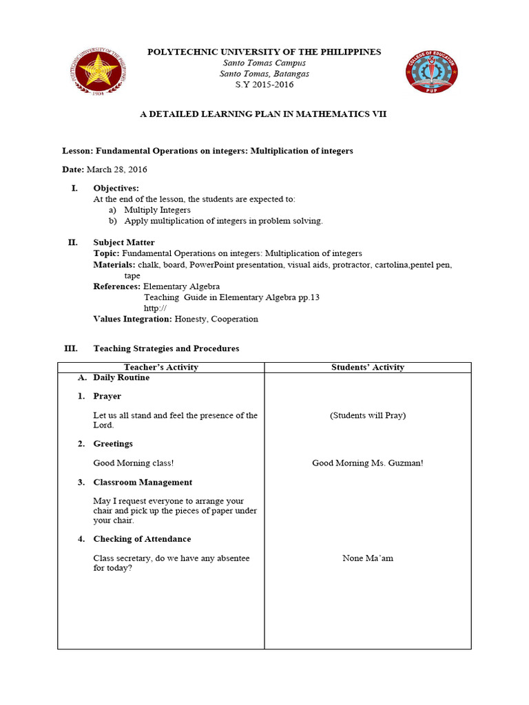 Multiplying Integers Lesson Plan | PDF | Multiplication | Integer