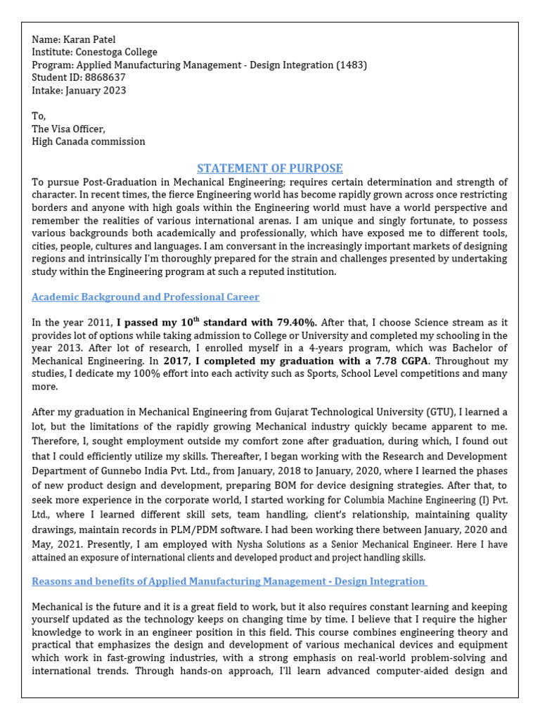 Statement of Purpose: Academic Background and Professional Career | Download Free PDF ...