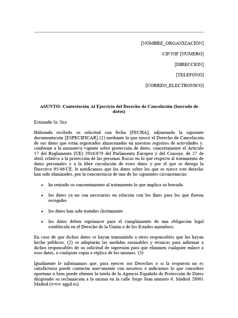 Modelo de Contestación Al Ejercicio Del Derecho de Cancelación (Borrado ... Modelo de Contestación Al Ejercicio Del Derecho de Cancelación (Borrado ...