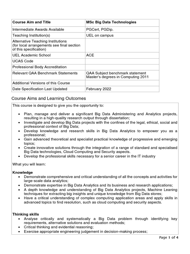 Course Specification - MSC Big Data Technologies | PDF | Big Data | Data Course Specification - MSC Big Data Technologies | PDF | Big Data | Data