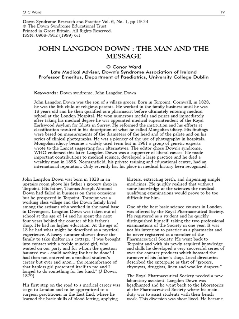 John Langdon Down - The Man and The Message | PDF | Medicine