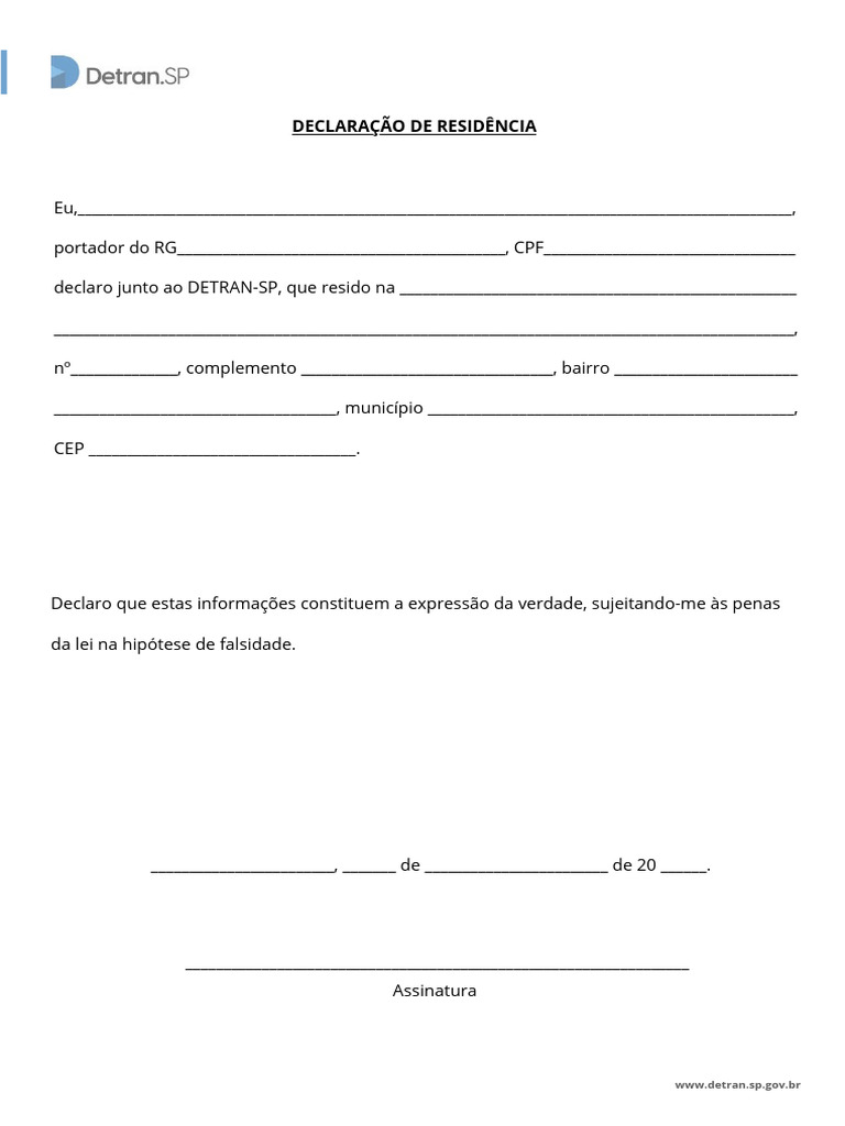 DETRAN MODELO Declaração de Residência | PDF DETRAN MODELO Declaração de Residência | PDF