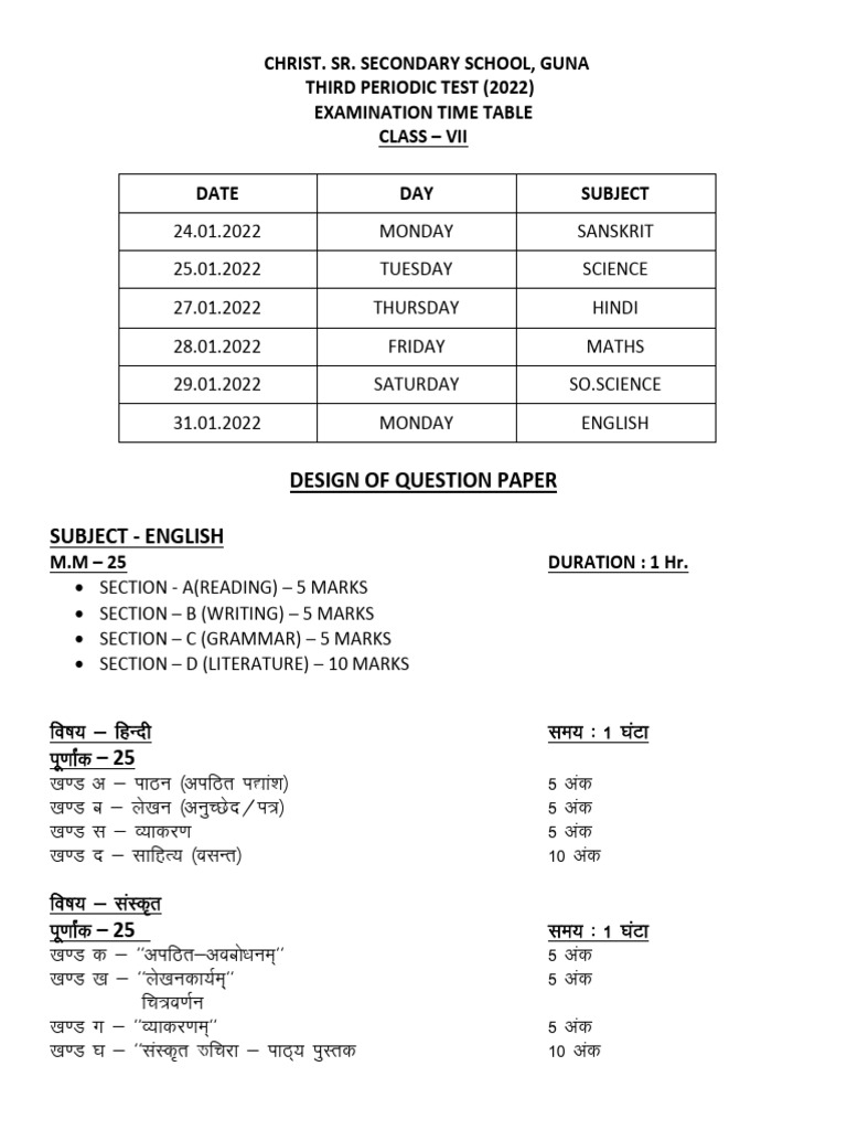 PT 3 Time Table For Class VII | PDF | Linguistics | Grammar