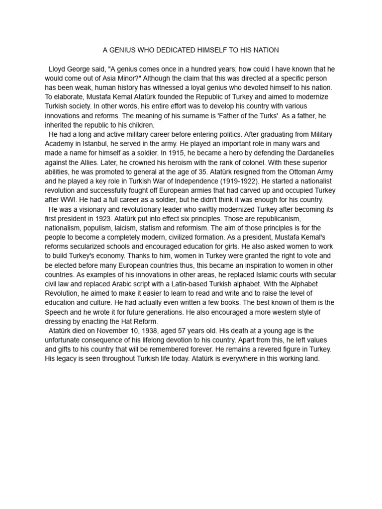 A Genius Who Dedicated Himself To His Nation | PDF | Mustafa Kemal ...