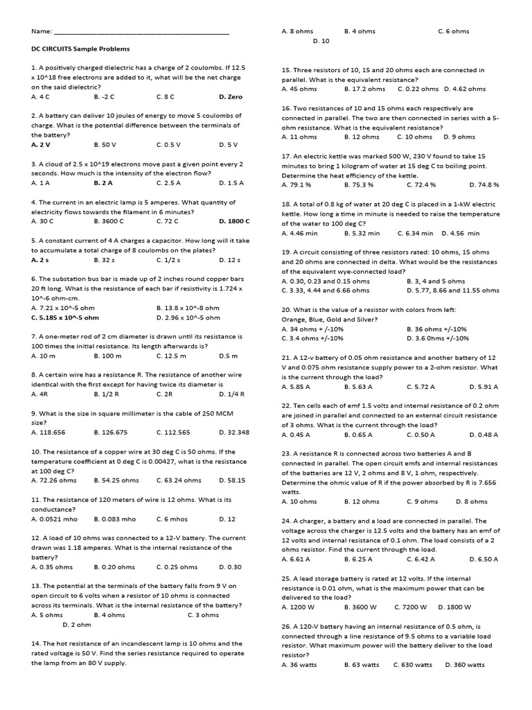 DC Circuits Sample Problems and Solutions | PDF | Electrical Resistance ...