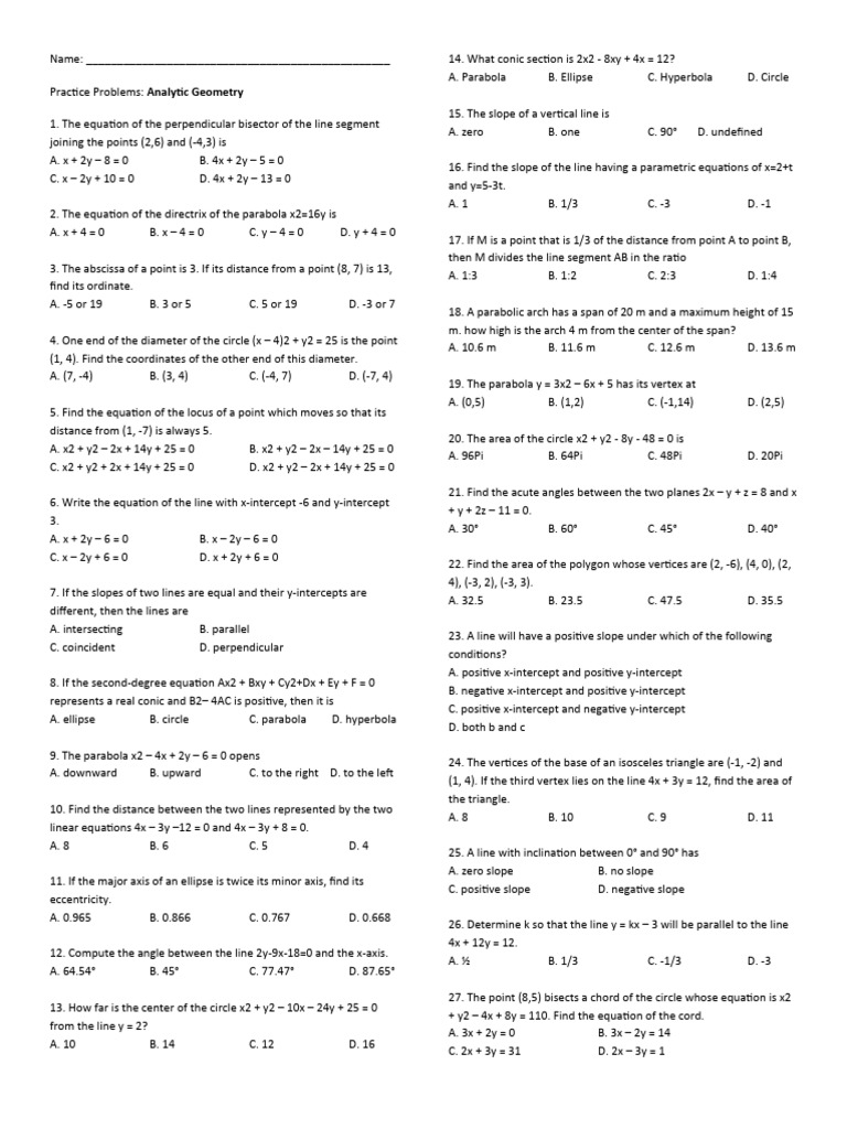 Practice Problems 3 - Analytic Geometry | PDF | Line (Geometry) | Differential Geometry