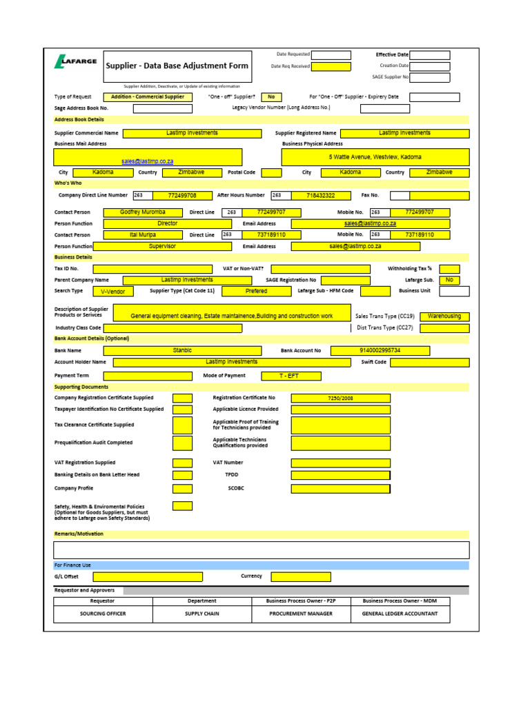Supplier - Data Base Adjustment Form | PDF | Value Added Tax | Service ...