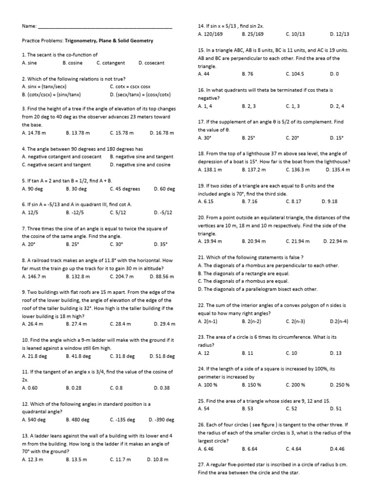 Practice Problems 2 - TrigoPlaneSolid Geometry | PDF | Trigonometric Functions | Area