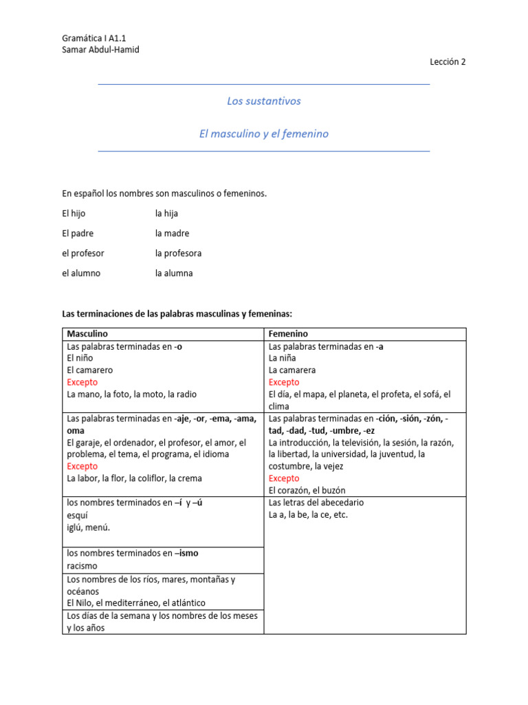 Lección 2 Los Sustantivos. Masculino y Femenino | PDF