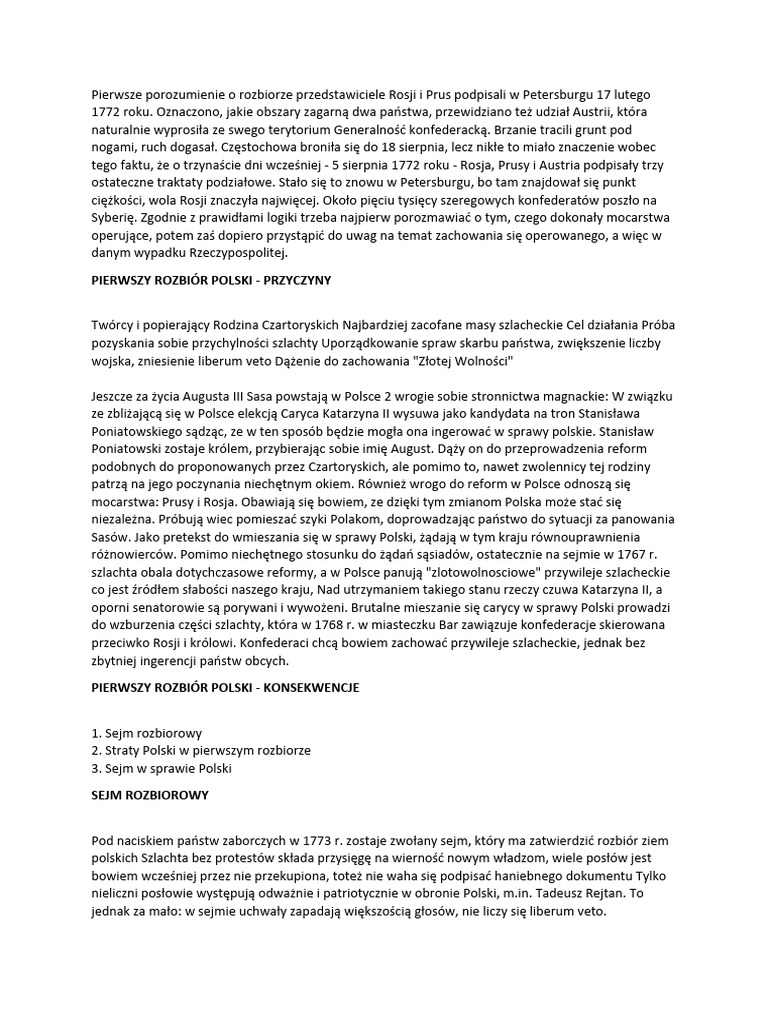 Pierwszy Rozbiór Polski - Przyczyny | PDF