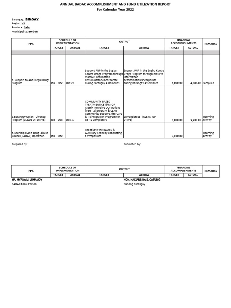 BADAC Accomplishment and Fund Utilization Report | PDF