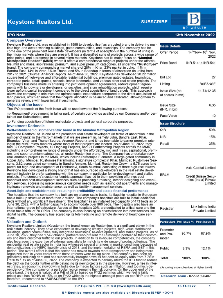 BP Equities Keystone Realtors LTD IPO Note Subscribe 13th Nov 2022 ...