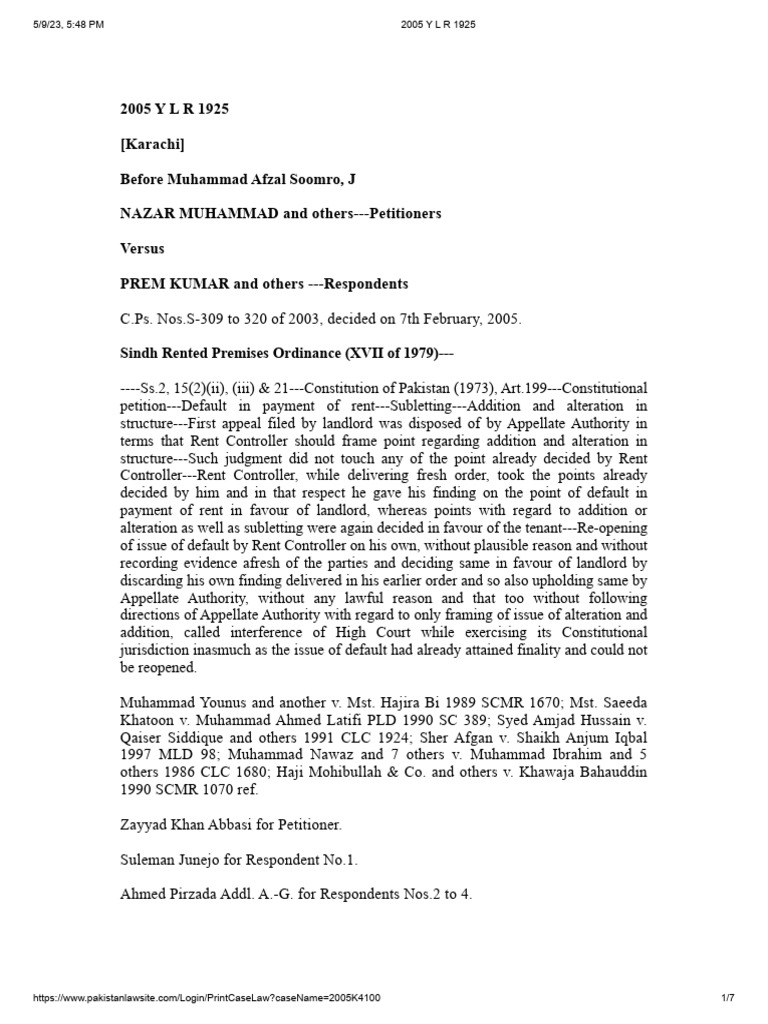 2005 Y L R 1925 (Karachi) Before Muhammad Afzal Soomro, J NAZAR MUHAMMAD and Others ...