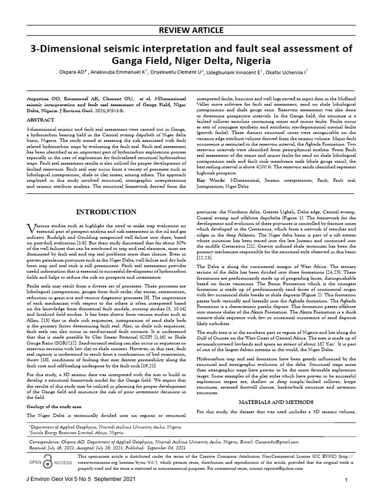 3dimensional Seismic Interpretation and Fault Seal Assessment of Ganga ...